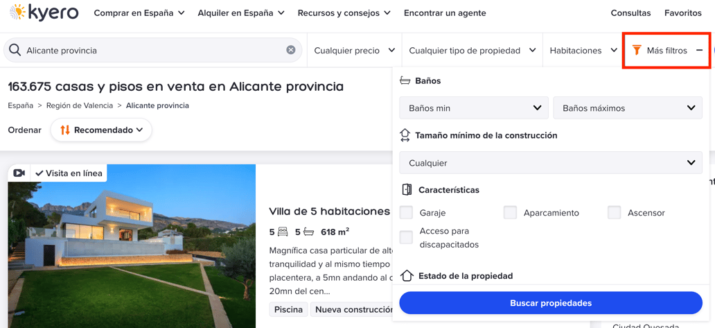 Cómo utilizar los filtros de búsqueda de Kyero